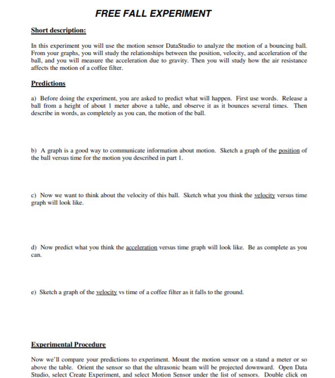 Solved FREE FALL EXPERIMENT Short description: In this | Chegg.com