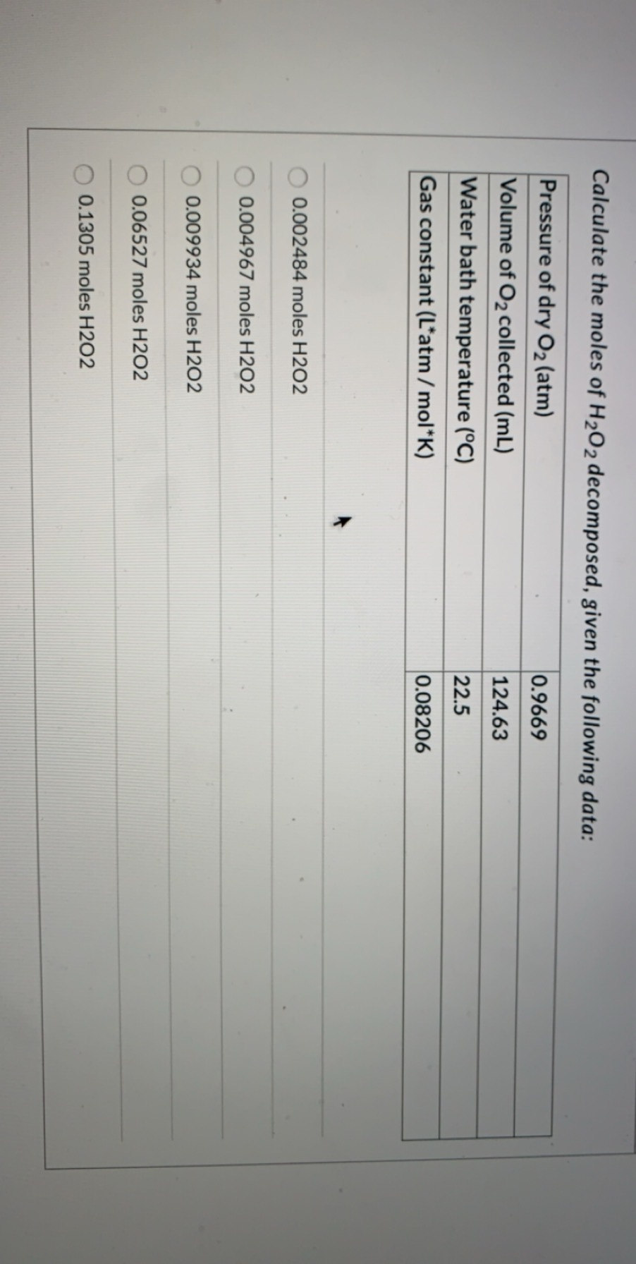 Solved Calculate the moles of H2O2 decomposed, given the | Chegg.com