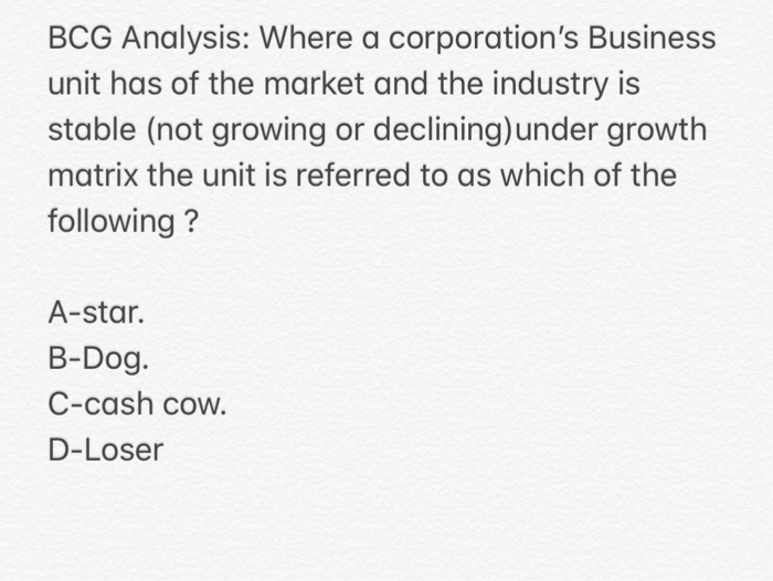 Solved BCG Analysis: Where a corporation's Business unit has | Chegg.com
