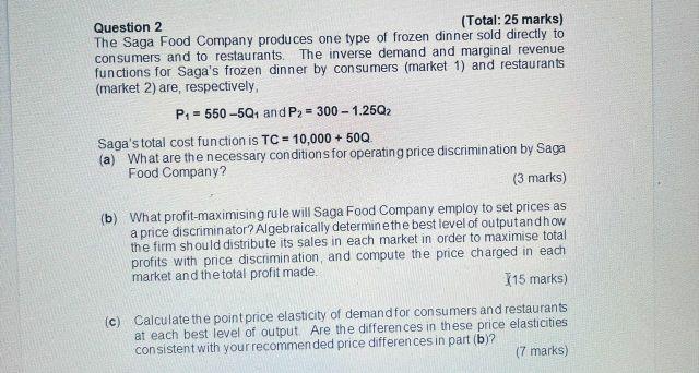 (Total: 25 marks) Question 2 The Saga Food Company | Chegg.com