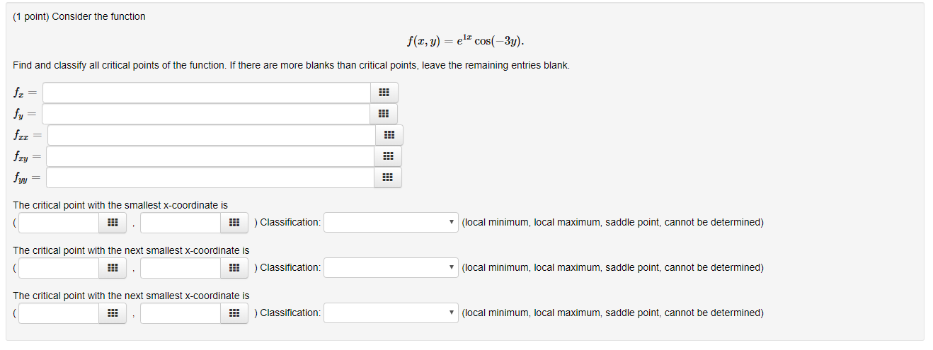Solved (1 point) Consider the function f(x, y)e1 cos(-3y) | Chegg.com