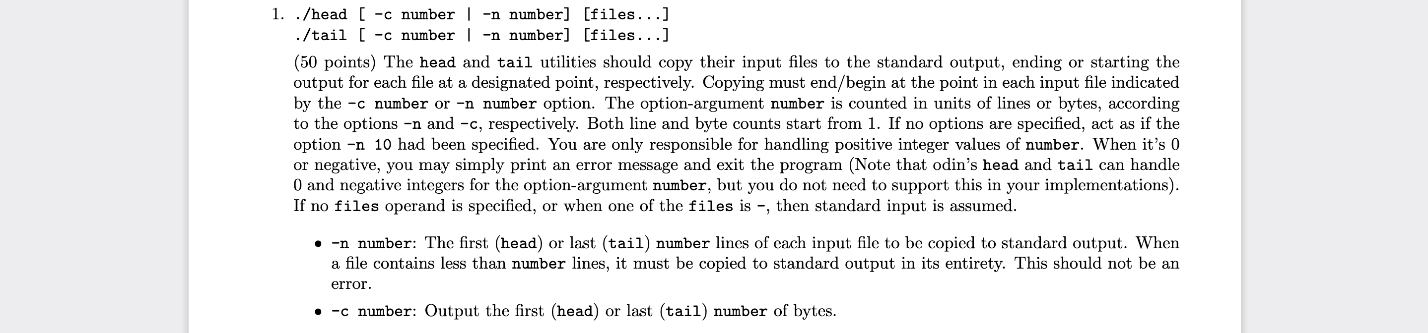 Solved 1. . /head [ -c number | -n number] [files...] ./tail | Chegg.com