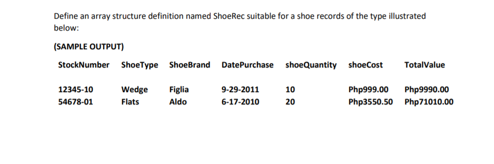 Solved Define an array structure definition named ShoeRec | Chegg.com