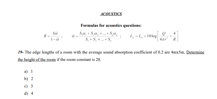 Solved ACOUSTICS Formulas for acoustics questions: 19- The | Chegg.com