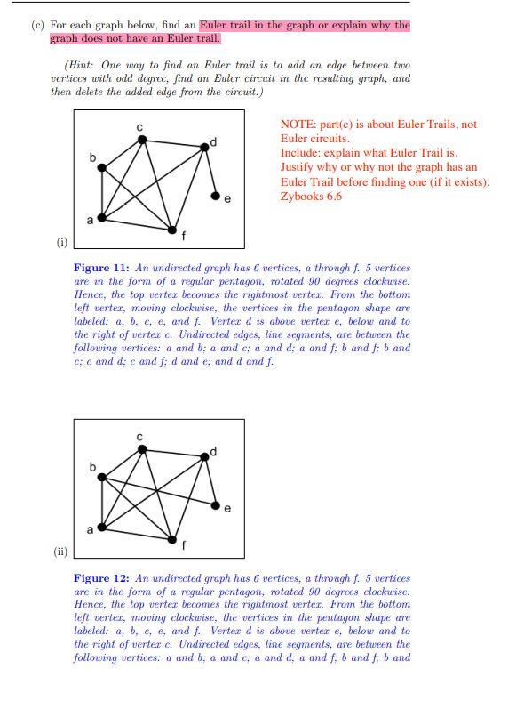 Solved (c) For each graph below, find an Euler trail in the | Chegg.com
