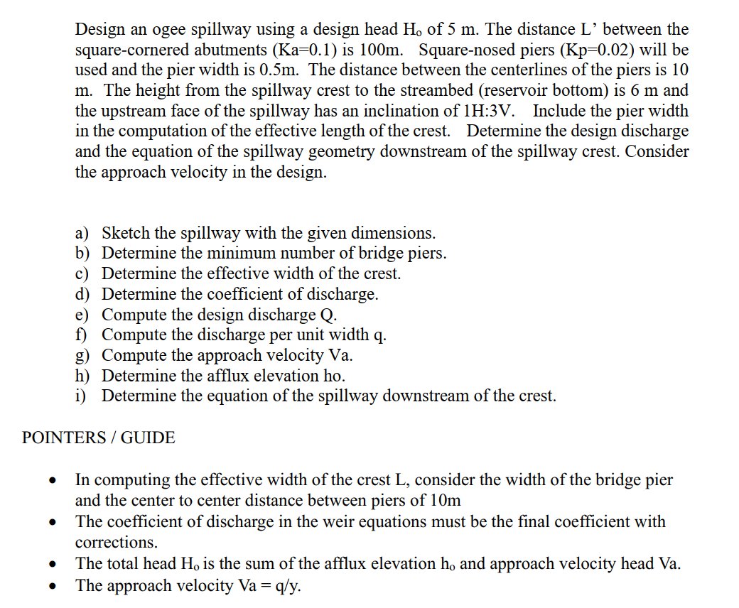 Solved Design an ogee spillway using a design head H0 of 5 | Chegg.com