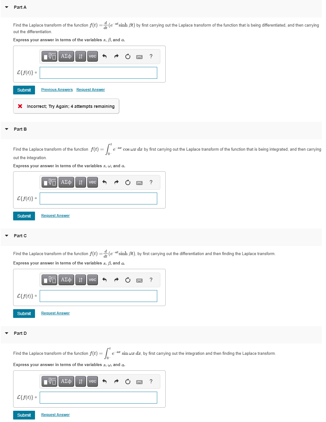 Solved Part AFind the Laplace transform of the function | Chegg.com