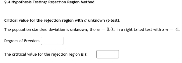 Solved 9.4 Hypothesis Testing: Rejection Region Method | Chegg.com