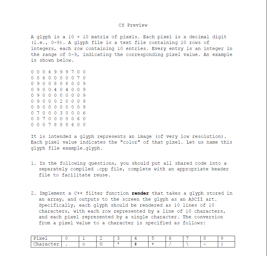 Solved CS Preview A glyph is a 10 x 10 matrix of pixels. | Chegg.com