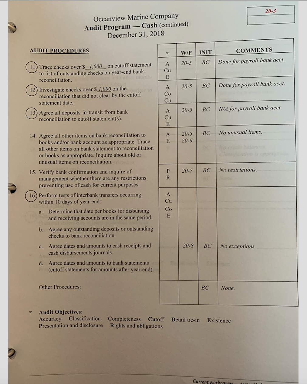 20-3 Oceanview Marine Company Audit Program — Cash | Chegg.com