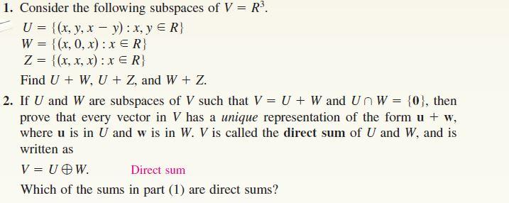 Solved 1. Consider the following subspaces of V = R. U = | Chegg.com