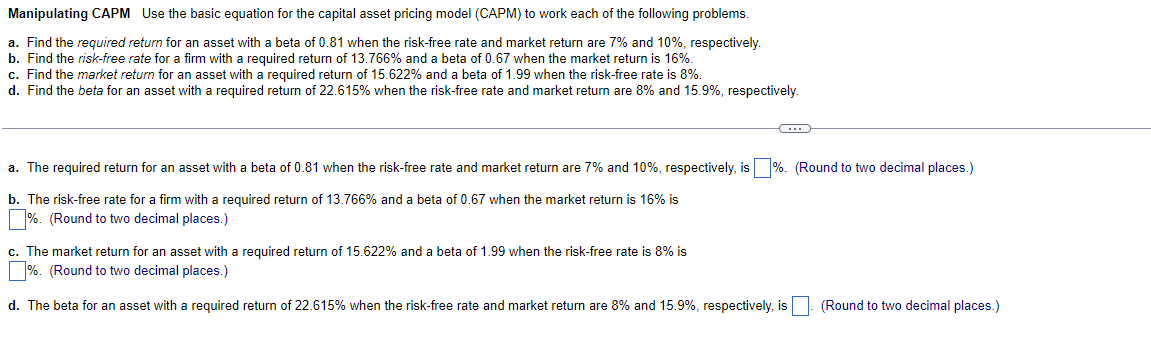 Solved Manipulating CAPM Use the basic equation for the | Chegg.com