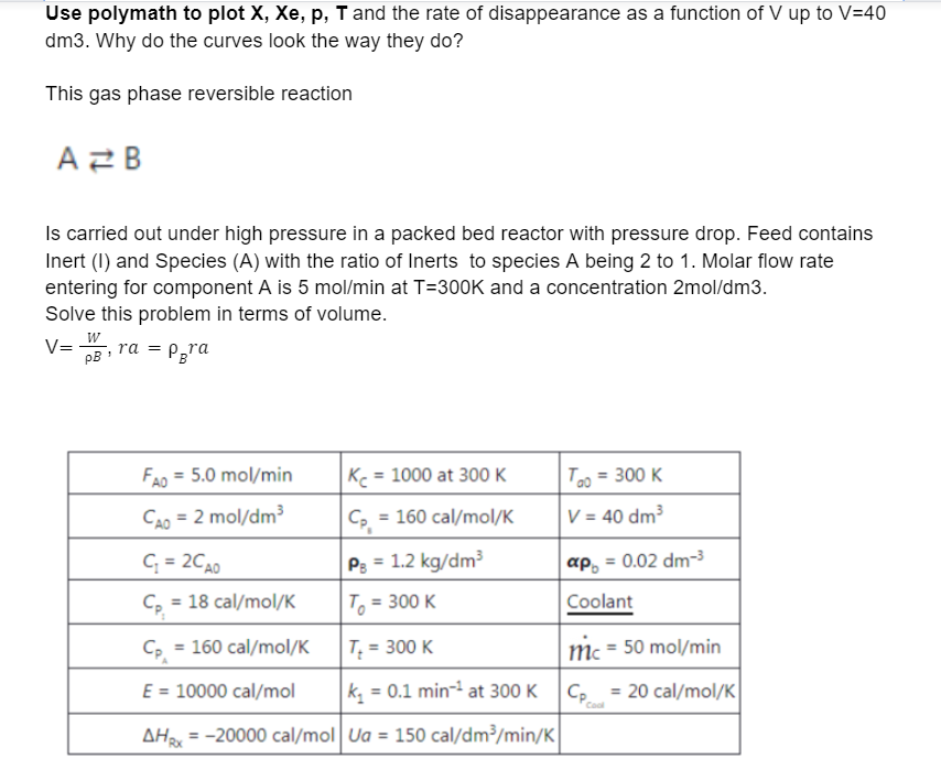 Solved Use polymath to plot X, Xe, p, T and the rate of | Chegg.com