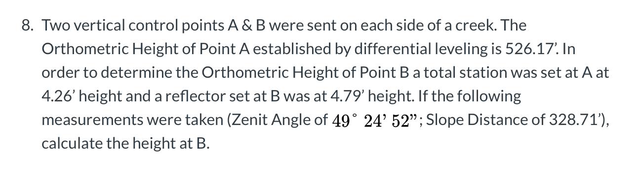 Solved 8. Two vertical control points A & B were sent on | Chegg.com