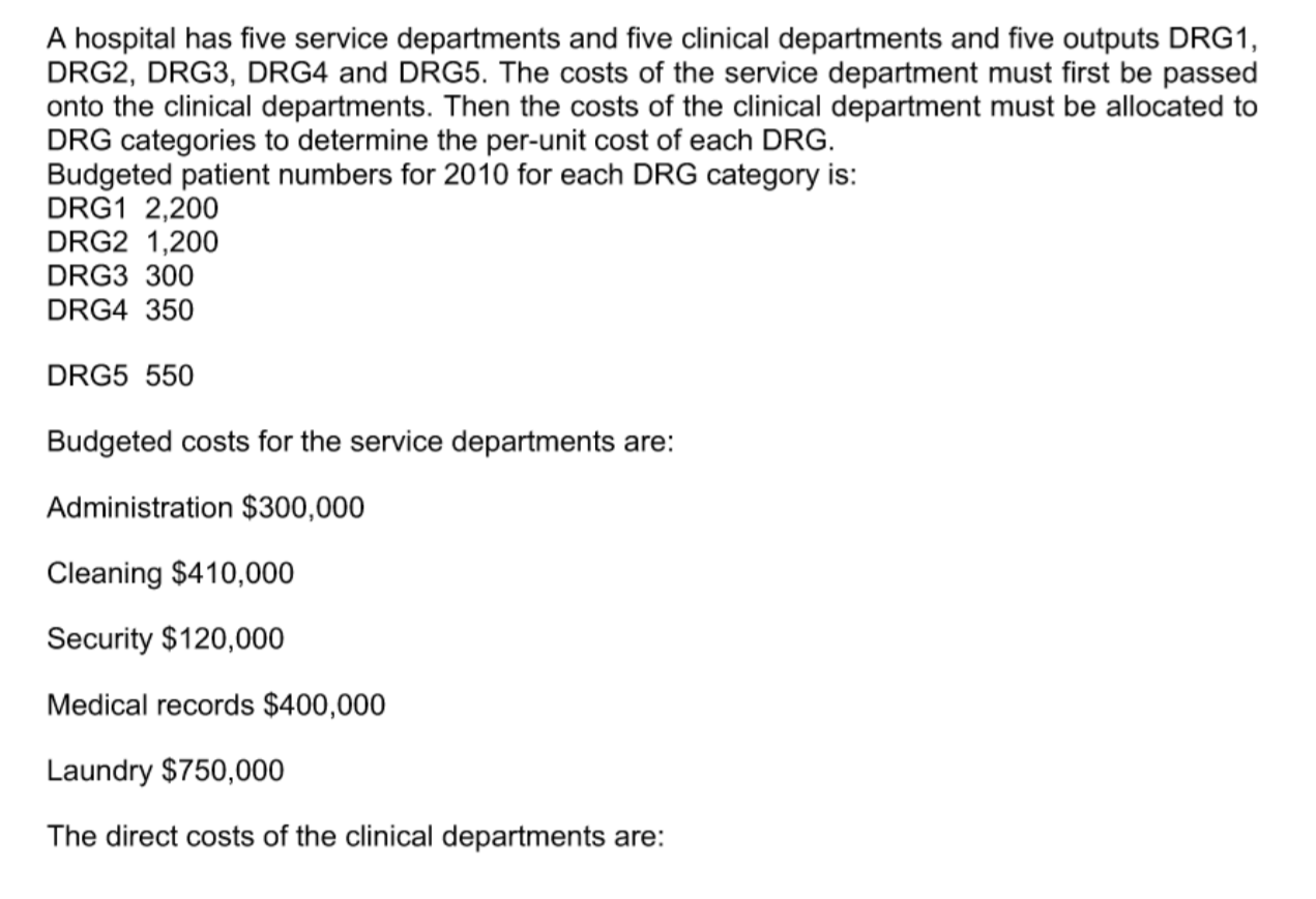 Solved A hospital has five service departments and five | Chegg.com