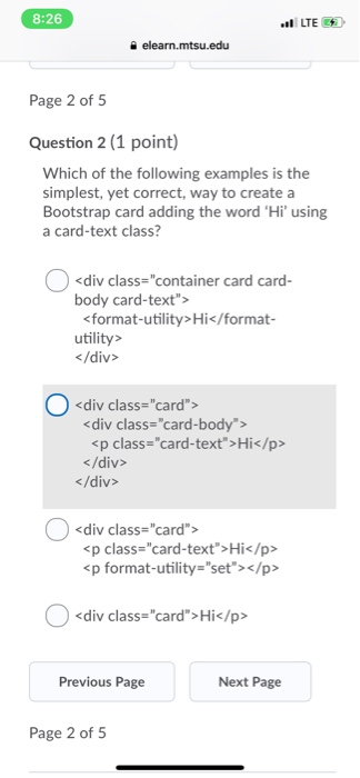 Solved 8:26 - LTE 2; elearn.mtsu.edu Page 2 of 5 Question 2 | Chegg.com