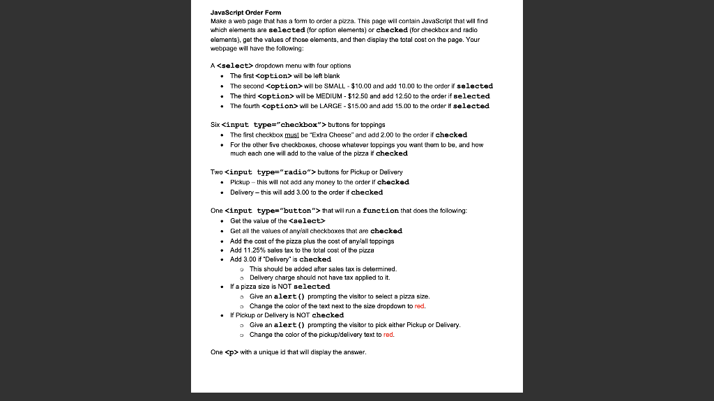 Solved JavaScript Order Form Make a web page that has a form | Chegg.com
