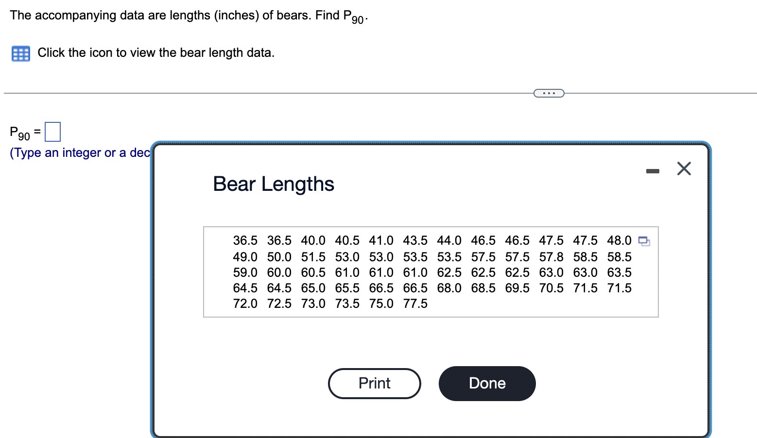 Solved The accompanying data are lengths (inches) of bears. | Chegg.com