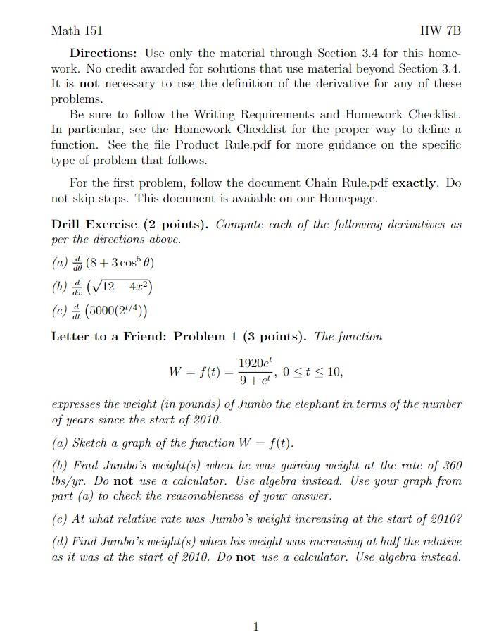 Solved Math 151 HW 7B Directions: Use only the material | Chegg.com