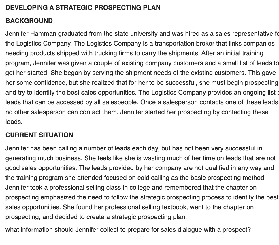 Solved DEVELOPING A STRATEGIC PROSPECTING PLAN BACKGROUND | Chegg.com