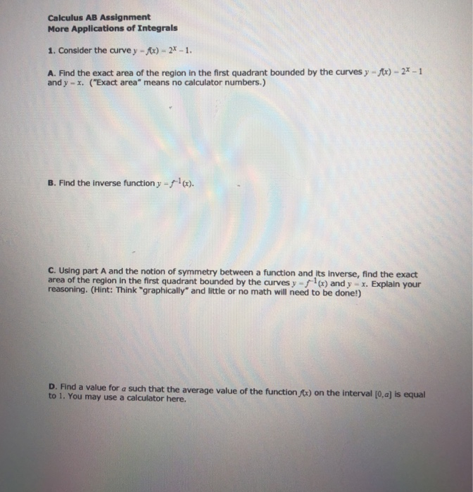 Solved Calculus AB Assignment More Applications of Integrals | Chegg.com