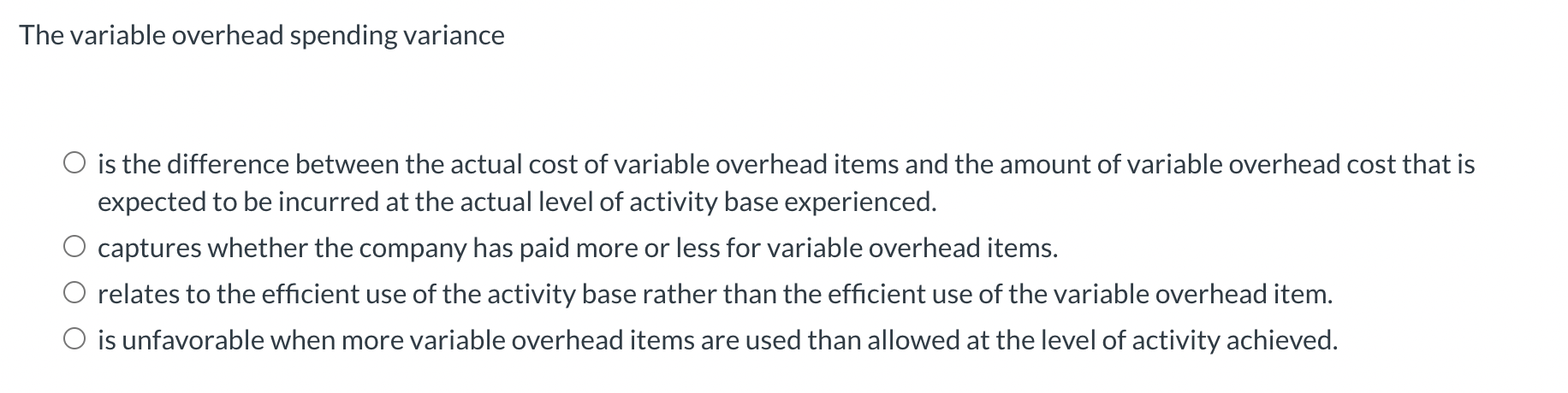 Solved The variable overhead spending varianceis the | Chegg.com