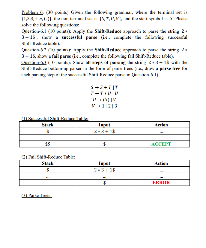 Solved Problem 6. (30 points) Given the following grammar, | Chegg.com