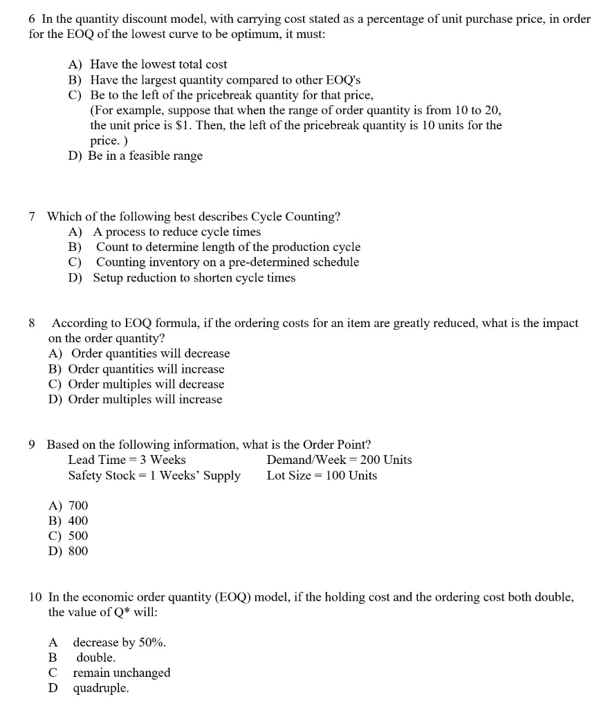 Solved 6 In the quantity discount model, with carrying cost | Chegg.com