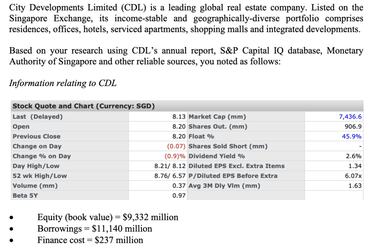 Solved City Developments Limited (CDL) is a leading global | Chegg.com