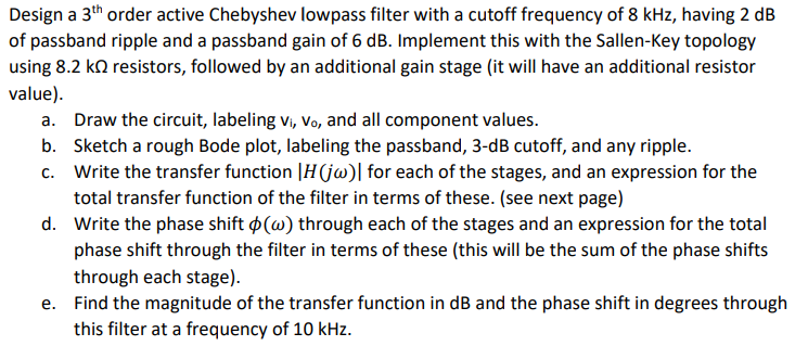 Design a 3th order active Chebyshev lowpass filter | Chegg.com