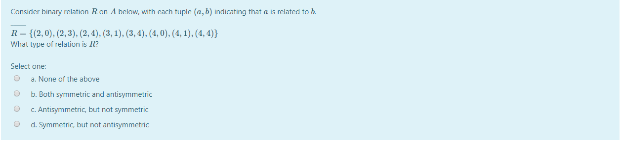 Solved Consider binary relation Ron A below, with each tuple | Chegg.com