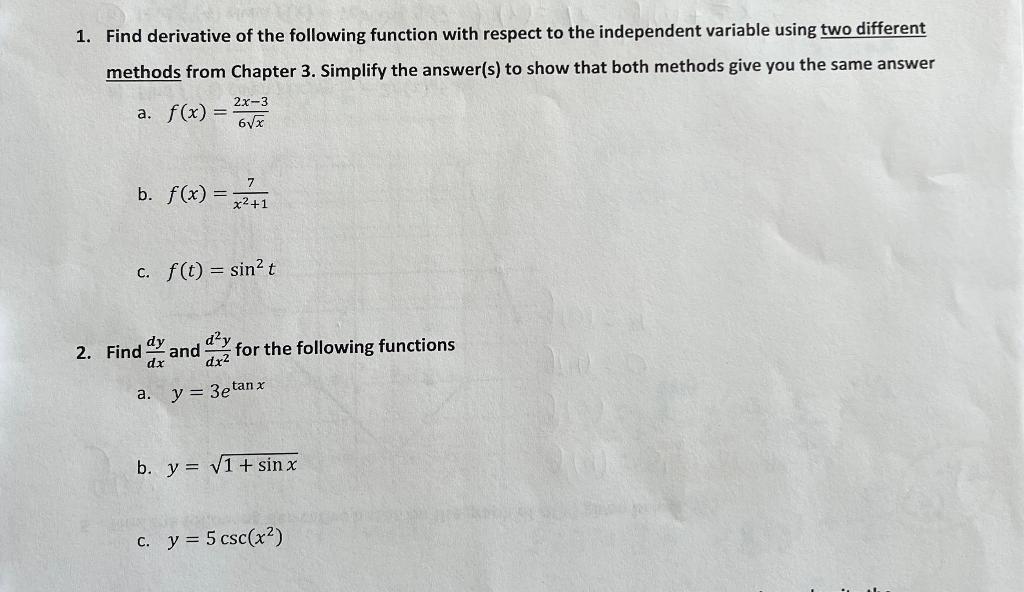 Solved 1. Find derivative of the following function with | Chegg.com