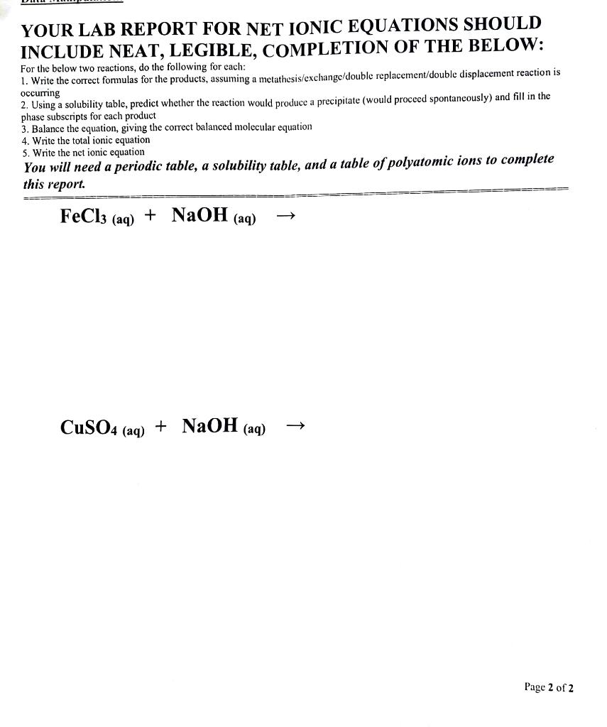 Solved PRECIPITATION REACTIONS AND NET IONIC EQUATIONS | Chegg.com
