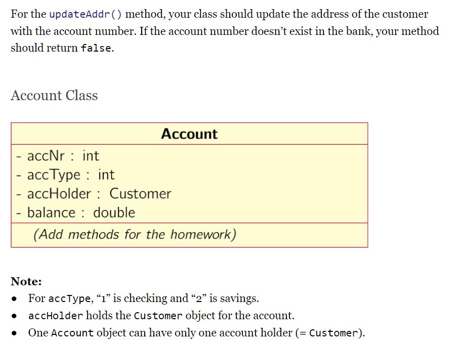 Solved Customer ClassFor the updateAddr ( ) method, your | Chegg.com