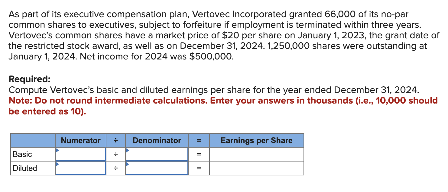 Solved As part of its executive compensation plan, Vertovec | Chegg.com