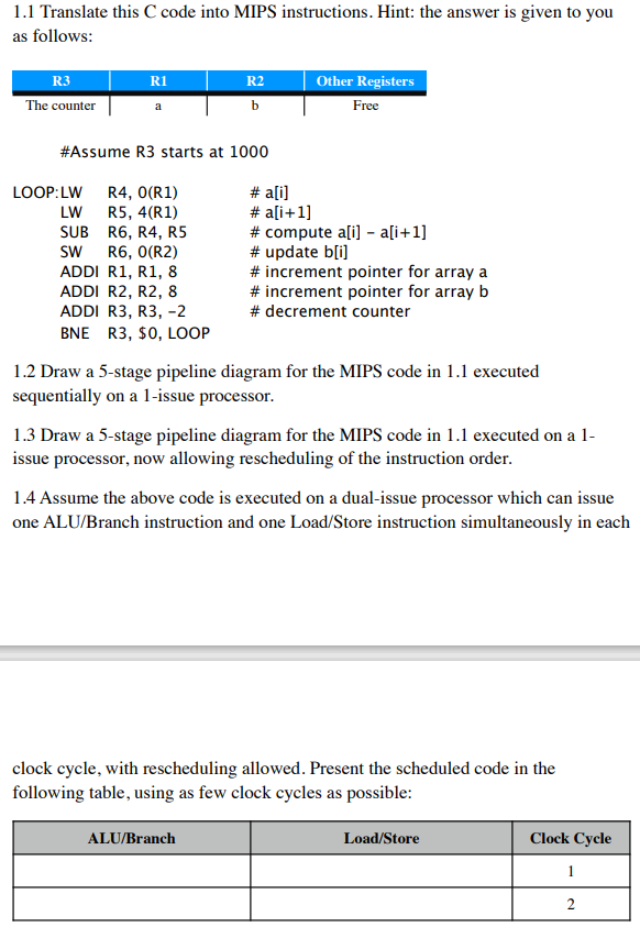 Solved 1.1 ﻿Translate this C code into MIPS instructions. | Chegg.com