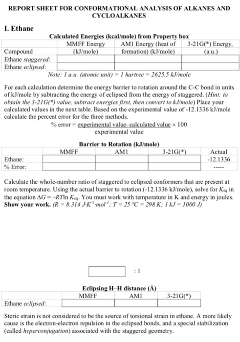 Solved REPORT SHEET FOR CONFORMATIONAL ANALYSIS OF ALKANES | Chegg.com