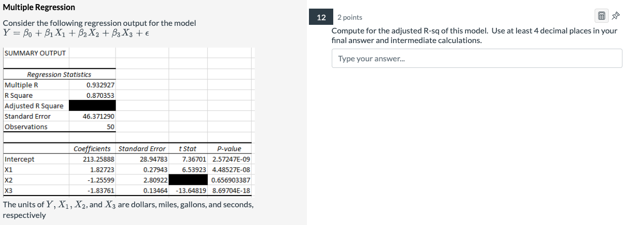 Solved Multiple Regression Consider the following regression | Chegg.com