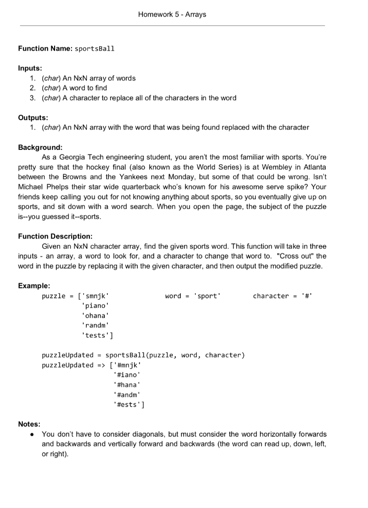 Solved Homework 5 Arrays Function Name Sportsball Inputs