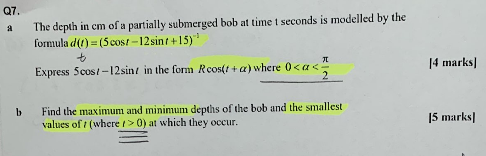 Solved Q7. a The depth in cm of a partially submerged bob at | Chegg.com