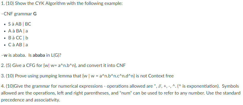 1 10 Show The Cyk Algorithm With The Following