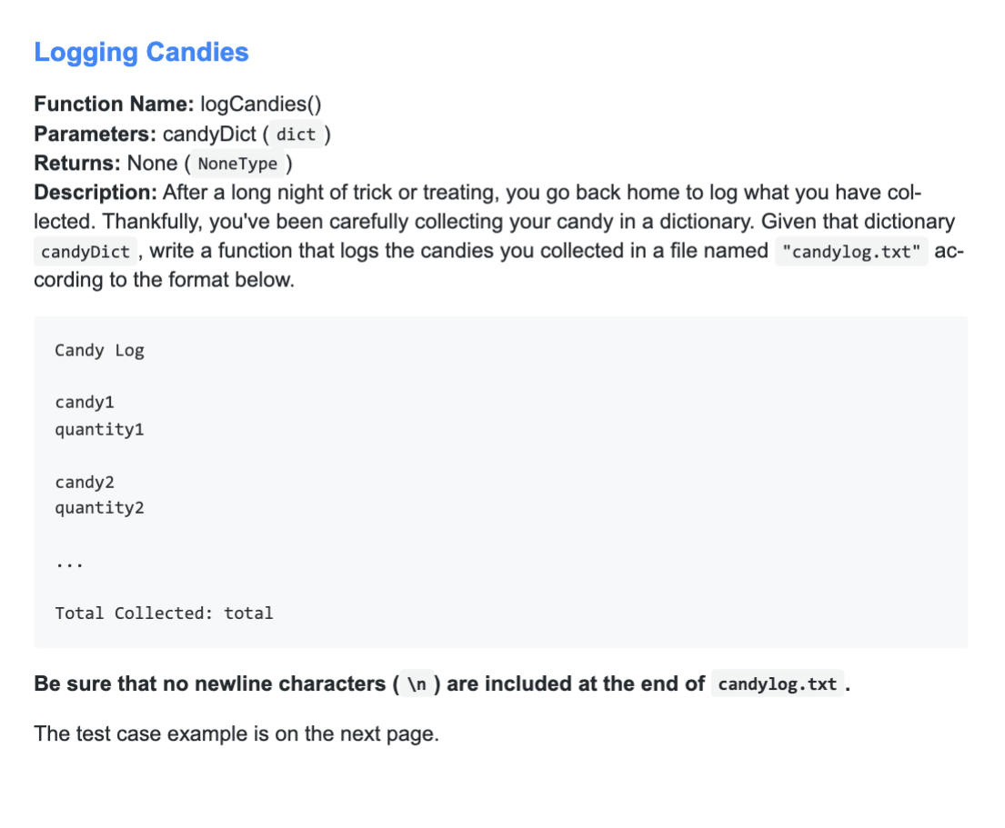 Solved Logging Candies Function Name: logCandies() | Chegg.com
