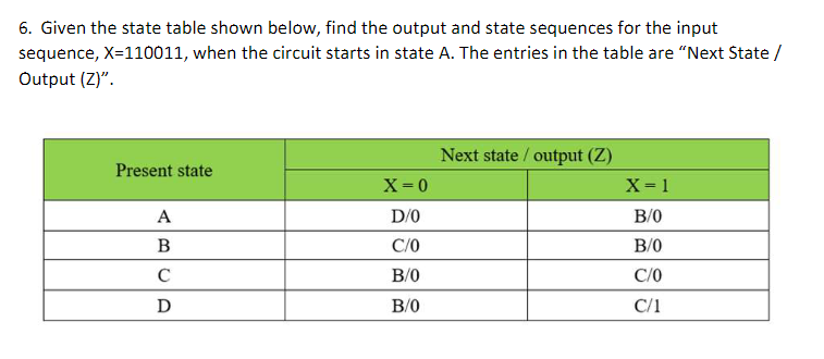 Solved 6. Given the state table shown below, find the output | Chegg.com
