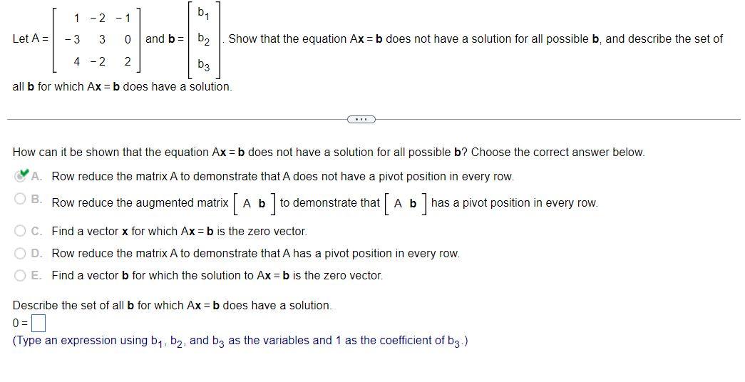 Solved Let A=⎣⎡1−34−23−2−102⎦⎤ and b=⎣⎡b1b2b3⎦⎤. Show that | Chegg.com