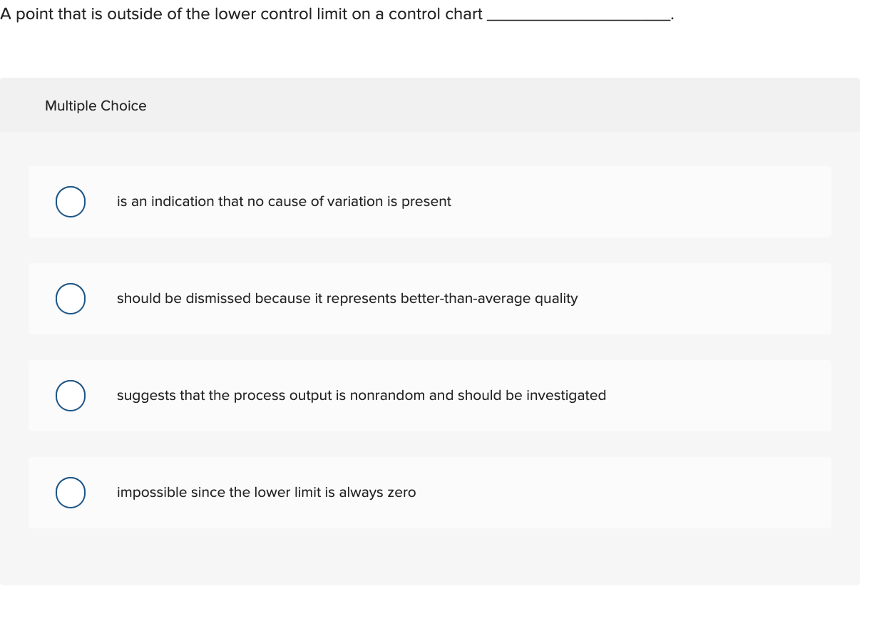 Solved A point that is outside of the lower control limit on | Chegg.com