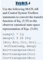 Solved Try It 5.4 Use the following MATLAB and Control | Chegg.com