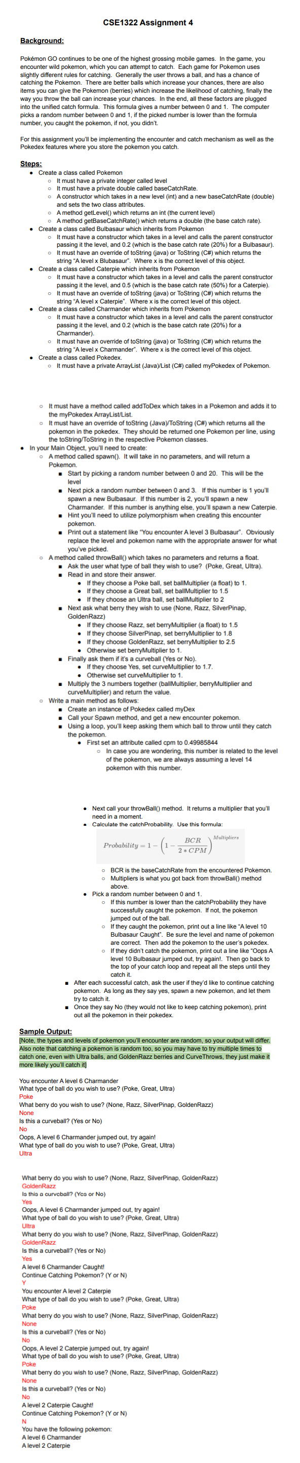 Solved CSE1322 Assignment 4 Background: Pokémon GO continues | Chegg.com