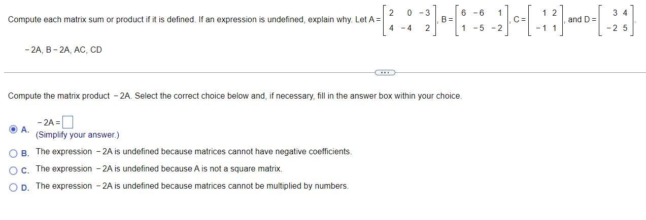 Solved −2 A, B−2 A,AC,CD Compute the matrix product −2 A. | Chegg.com