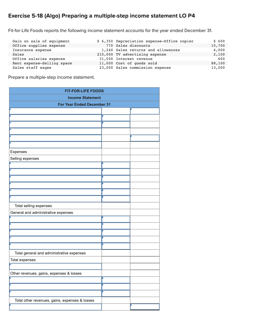 Solved Exercise 5-18 (Algo) Preparing a multiple-step income | Chegg.com