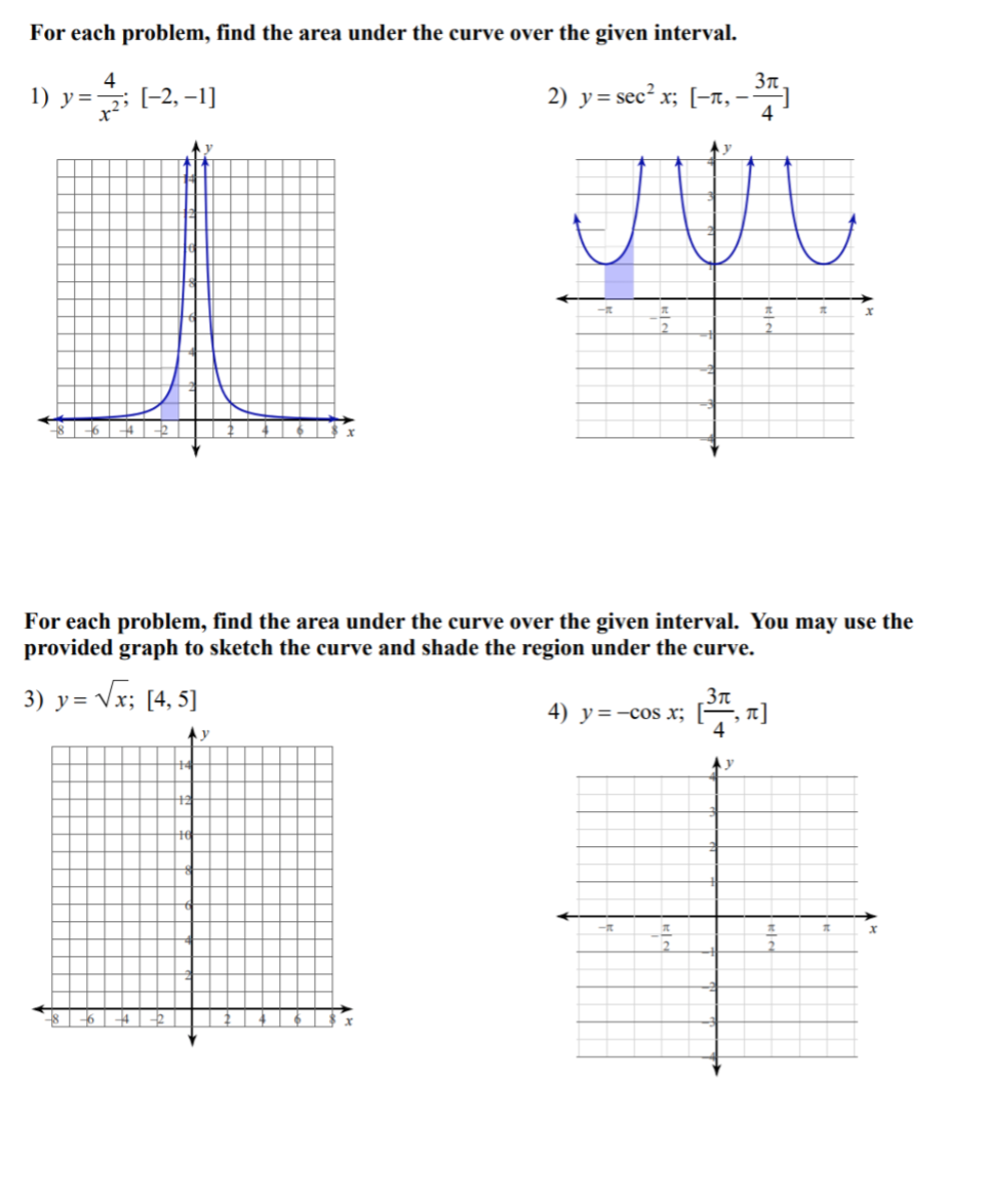 Solved For each problem, find the area under the curve over | Chegg.com